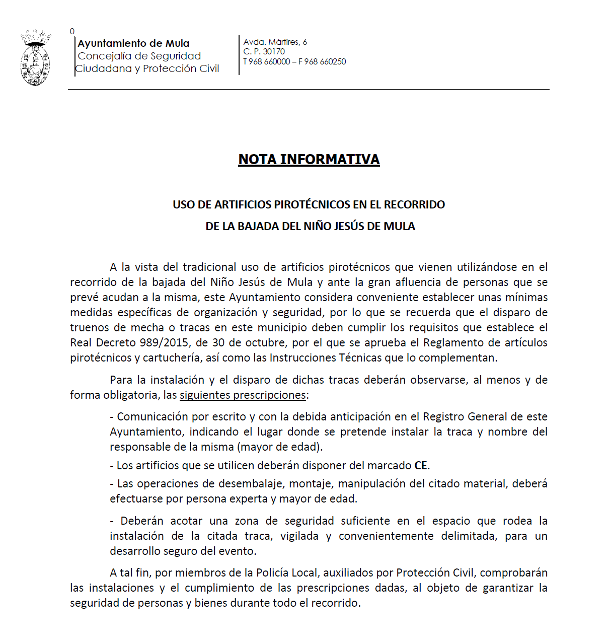 Nota informativa sobre el uso de artificios pirotécnicos en el ...